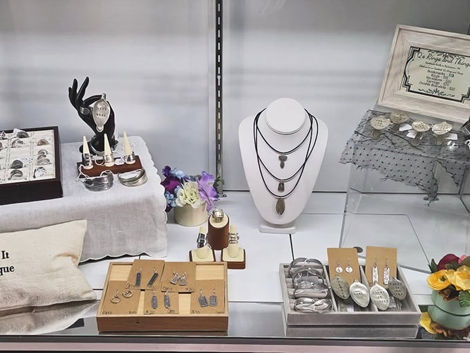 Jewelry displays that sparkle like promises – some kept, some broken, all looking for new stories.