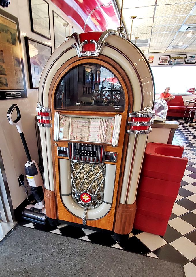 The jukebox stands sentinel, ready to provide the soundtrack to your meal with hits from decades when music came on vinyl.