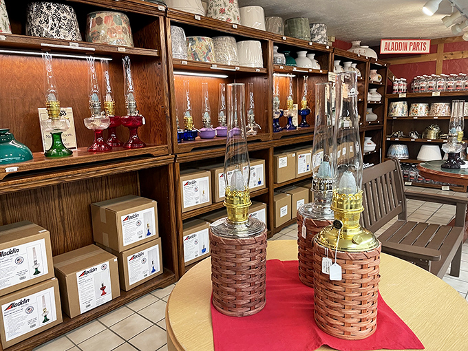 Oil lamps gleam with possibility, their glass chimneys promising warm light even when the power grid decides to take a vacation.