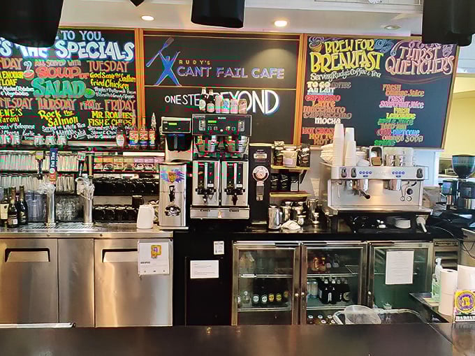 The command center where breakfast dreams come true—colorful menu boards announce daily specials with the enthusiasm of a morning DJ.