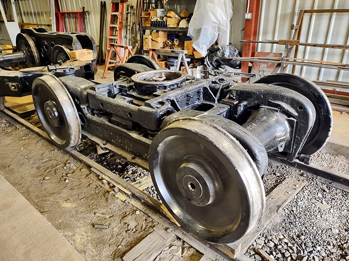 Raw mechanical poetry – the exposed undercarriage of a train reveals the industrial ballet that makes locomotion possible.