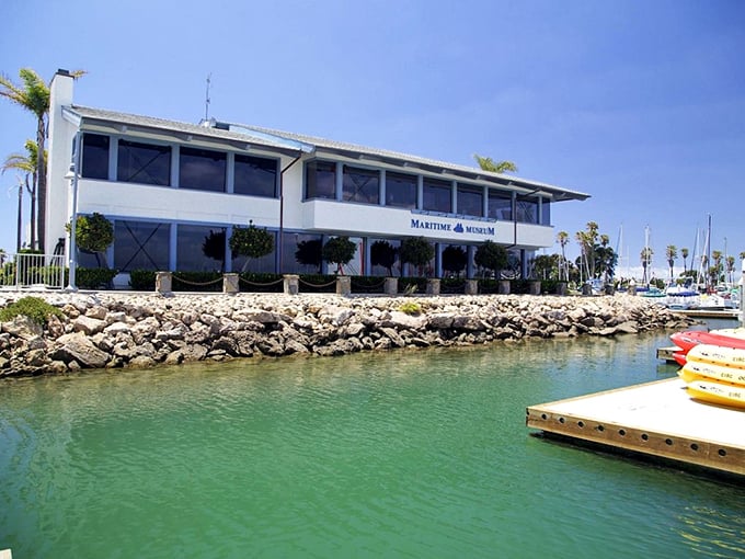 The Maritime Museum sits like a postcard come to life—white walls, blue water, and California sunshine creating the perfect coastal trifecta.