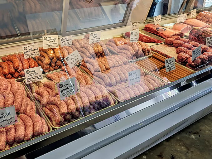 Sausage links lined up like soldiers ready for duty—each variety a different adventure waiting to happen in your kitchen or on your grill.
