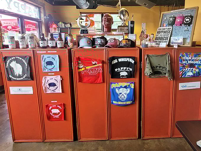 The merchandise wall—because sometimes a T-shirt is the only way to prove to friends back home that heaven exists in St. Louis.