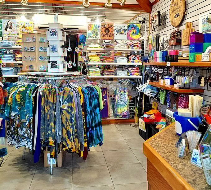 The gift shop – because nothing says "I survived vacation" like a tie-dyed shirt with a pirate on it.