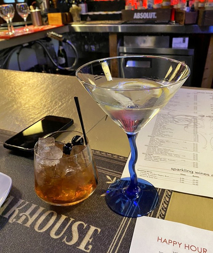 Liquid art in stemware. One clear as a mountain stream, one amber as Ohio sunset—both promising a delightful prelude to dinner.