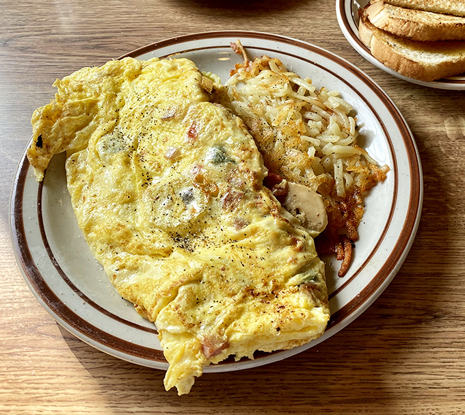 An omelet that's seen things—mainly cheese, meat, and vegetables. Fluffy egg perfection that makes you question why you ever cook at home.