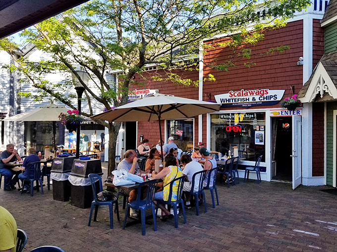Summer in Michigan means outdoor dining at Scalawags, where fresh air enhances the fresh fish experience. Pure Michigan indeed.
