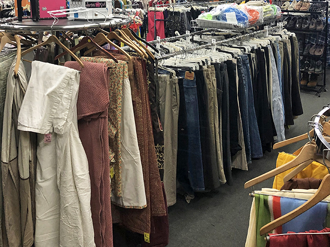 The pants section alone could clothe a small town, with everything from work wear to weekend comfort hanging in neat rows.