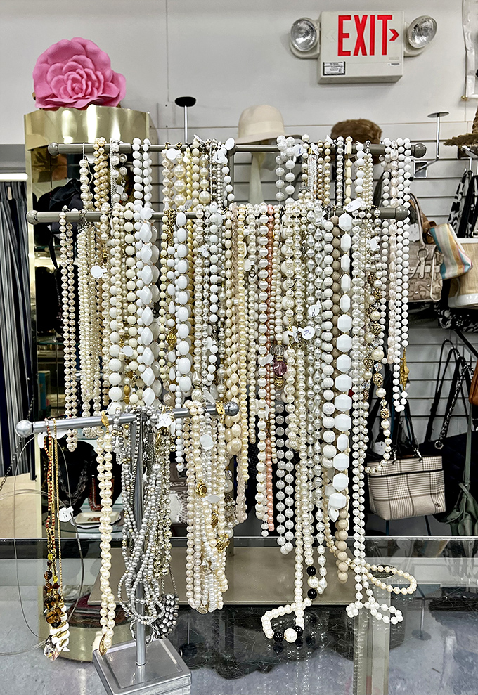 Pearl necklaces that definitely have stories to tell, probably involving cocktail parties where people still dressed for dinner.