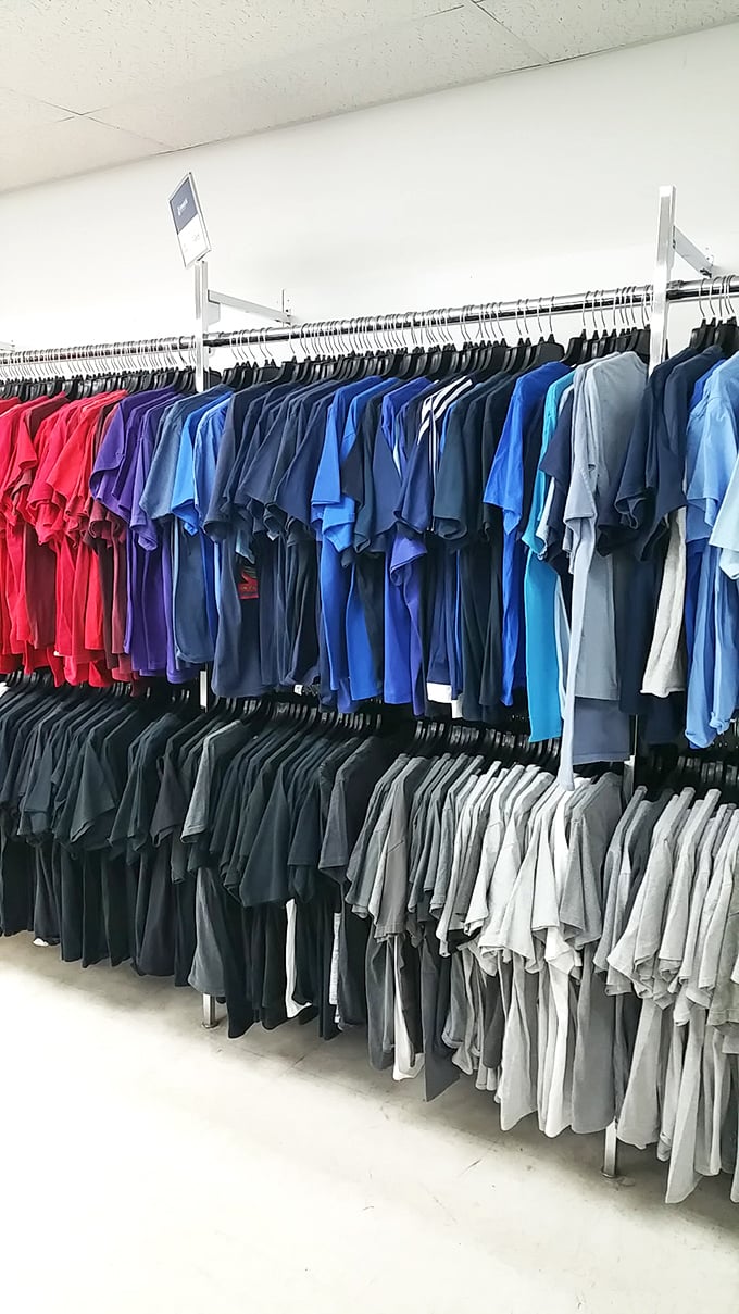 The rainbow of t-shirts, organized with military precision. Color-coding that would make Marie Kondo weep with joy.