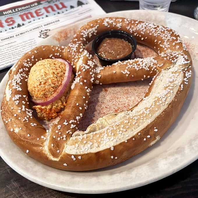 This isn't just a pretzel—it's a masterpiece of dough architecture, sprinkled with salt crystals that catch the light like culinary diamonds.