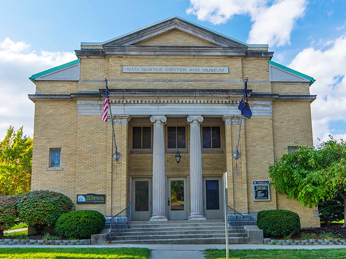 The Dan Quayle Center stands regally with its classical columns, housing political history with more substance than most campaign promises.
