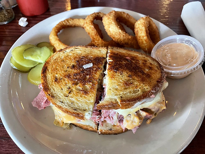 A proper Reuben should require both hands and at least three napkins. This beauty, with its melty cheese and toasty exterior, checks all the boxes.