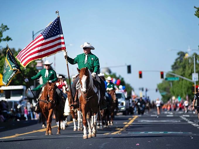 Oakdale's rodeo parade showcases hometown pride with riders who've been perfecting their horsemanship since before they could walk—no acting required.