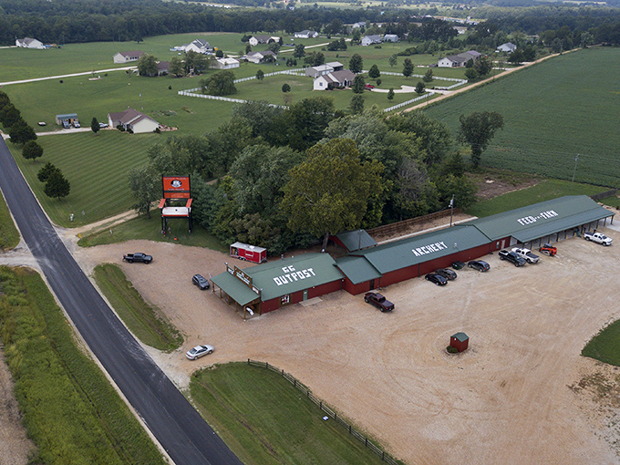 The Red Rocker serves as a landmark in Cuba's rural landscape, visible from surprising distances across the gently rolling Missouri countryside.