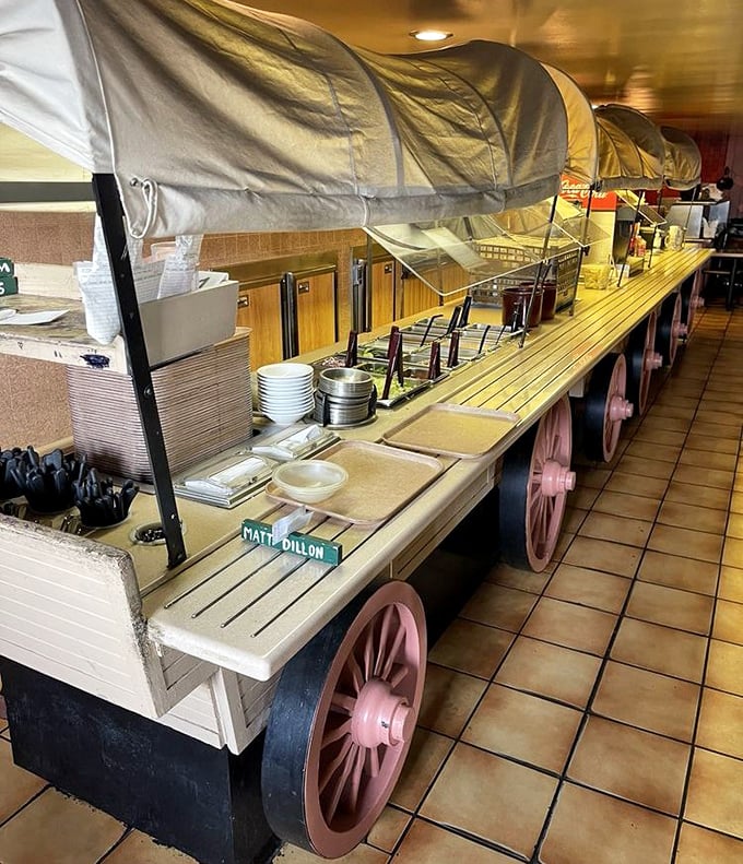 This isn't your typical salad station – it's a pioneer-themed produce paradise that actually makes vegetables exciting.