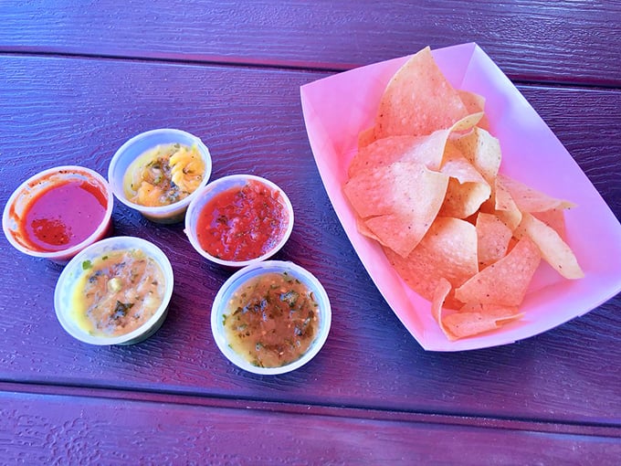 The salsa sampler – where every dip is a new adventure and no chip returns to your mouth disappointed.