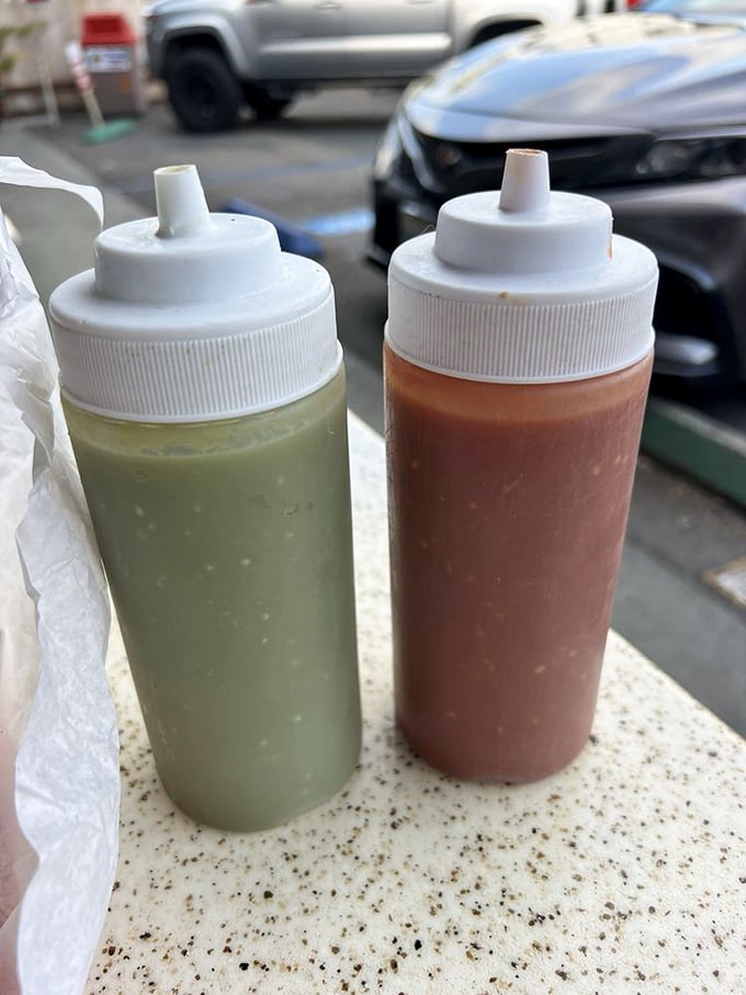 Squeeze bottles of liquid gold. The green and red salsas are the perfect accessories to any meal here – like jewelry for your taste buds.