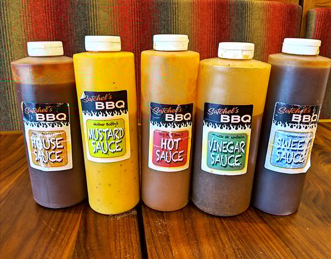The sauce lineup at Satchel's is like the Avengers of condiments—each with its own superpower, ready to enhance your meat experience.