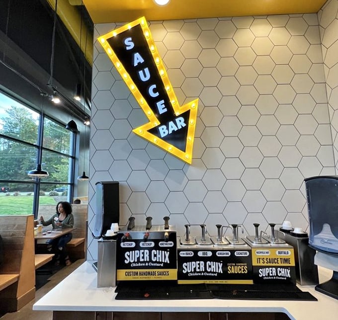 The sauce bar—where decisions become impossible and "I'll try them all" becomes the only reasonable solution to your condiment conundrum.