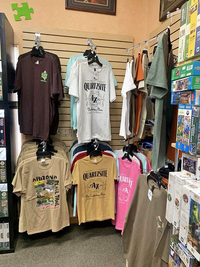 The official uniform of Quartzsite enthusiasts—t-shirts proclaiming you've discovered "The Gathering Place" where snowbirds flock.