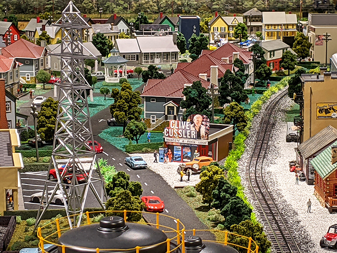 Small-town America captured in perfect miniature, complete with a gas station and power lines. Norman Rockwell would have needed a very tiny paintbrush.
