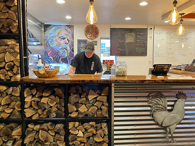 Where the magic happens – stacks of firewood frame the counter where barbecue dreams come true.