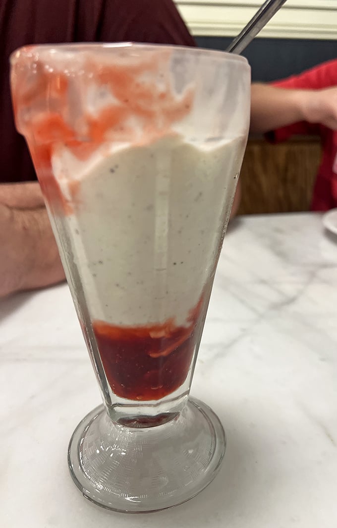 This strawberry shake isn't playing around – the perfect marriage of creamy vanilla and fresh berry swirls that makes you forget about adulting.