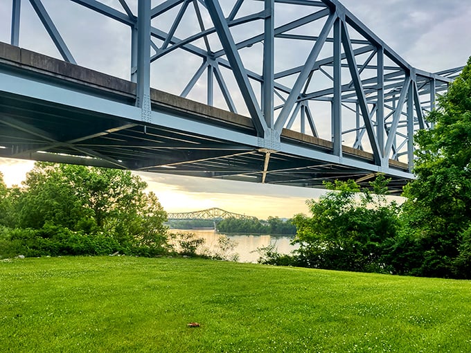 The Silver Memorial Bridge spans the Ohio River, connecting communities while framing postcard-worthy views that cost nothing to enjoy.