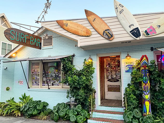 Surf Bar's weathered boards and mounted surfboards tell stories of epic waves and wipeouts. Inside, salty tales grow taller with each round of drinks.