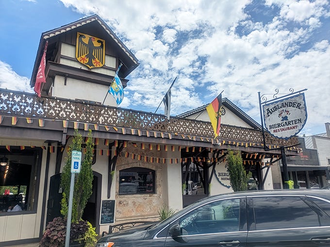 The Auslander's façade promises authentic German fare inside—where schnitzel and beer flow as freely as conversation at a family reunion.