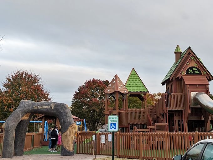 Childhood dreams constructed in wood and imagination. This playground castle makes me wish I could shrink back to age eight for just one afternoon.