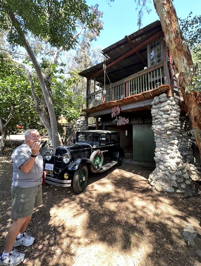 A vintage car parked beneath a treehouse proves some people never outgrow their childhood dreams—they just upgrade the materials.