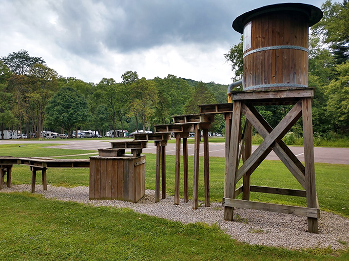 This wooden water tower stands as a quirky landmark, reminding us that even the most practical structures can become beloved park icons. 