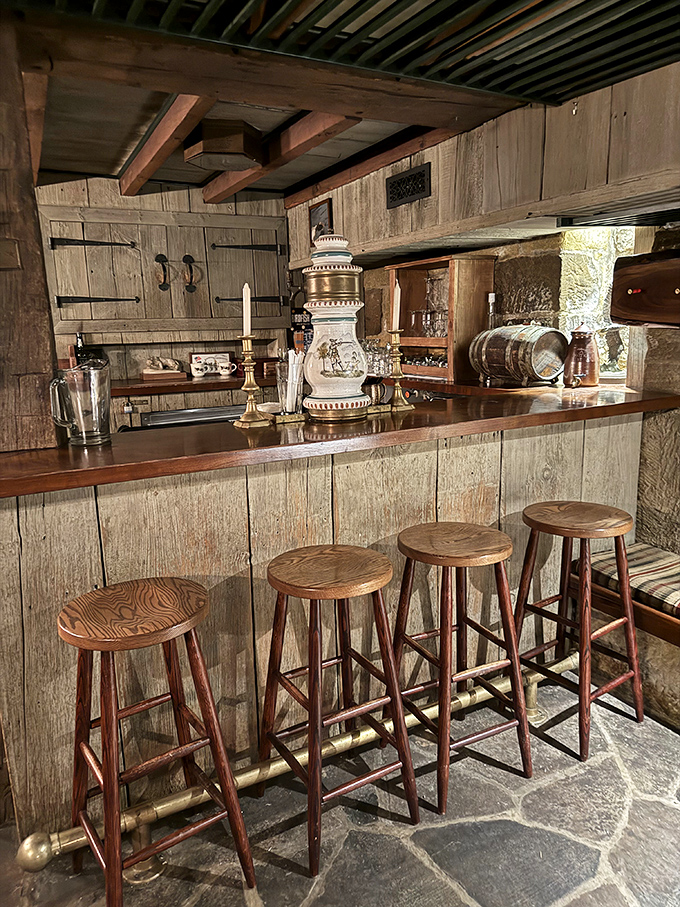 This isn't just a bar – it's a time machine. Weathered wood, vintage fixtures, and stools that have supported generations of thirsty travelers.