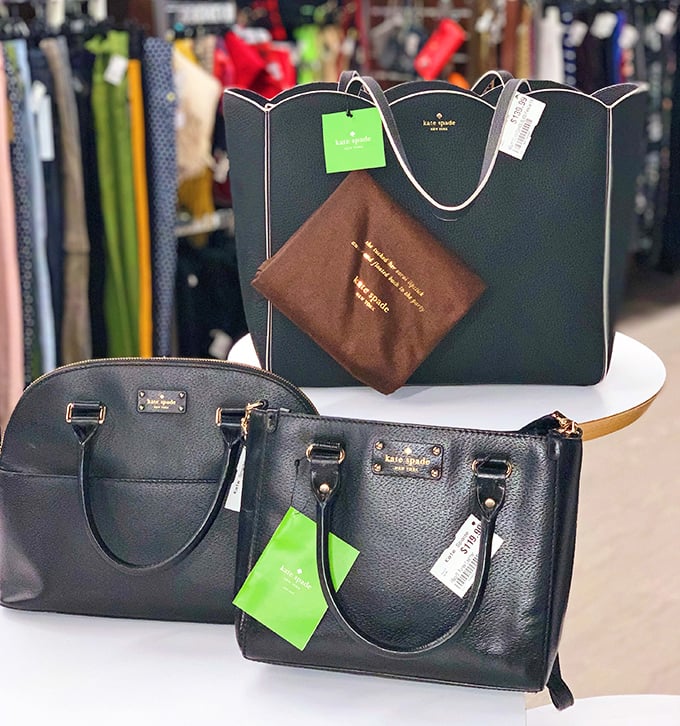 Kate Spade bags with their original dust covers—the secondhand equivalent of finding an unopened vintage wine at a garage sale.