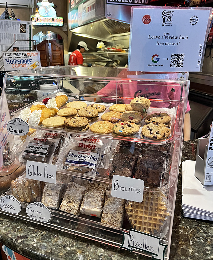 Sweet temptations await after your savory adventure—cookies and brownies standing at attention like delicious soldiers ready for dessert duty.