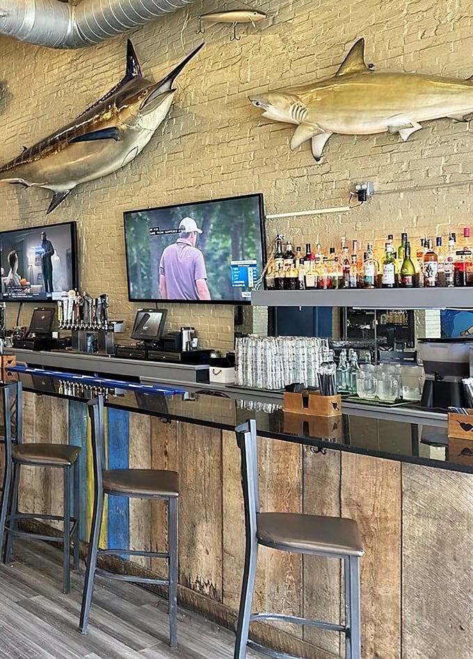 The bar where fish stories get better with each drink. Mounted catches on the wall remind you where your dinner came from—the wild, not a factory.