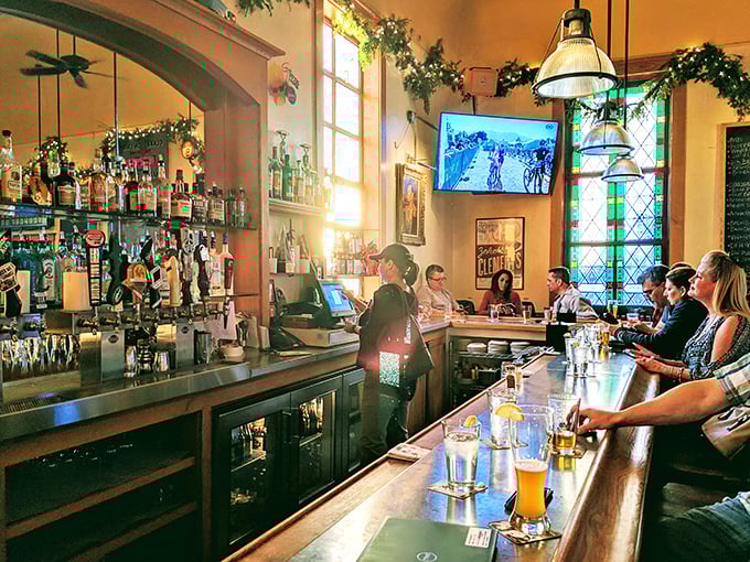 Stained glass and spirits—a heavenly combination. The bar area preserves the church's architectural details while serving decidedly secular libations.