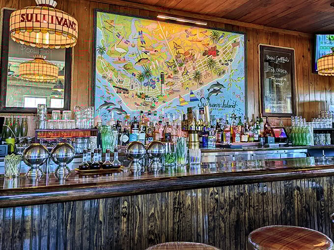 Behind every great seafood feast is a bar like this—where colorful island maps, stained glass lamps, and bottles of promise await thirsty adventurers.