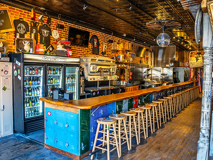 The bar stretches like a runway of possibilities, each stool an invitation to embark on a craft beer adventure.