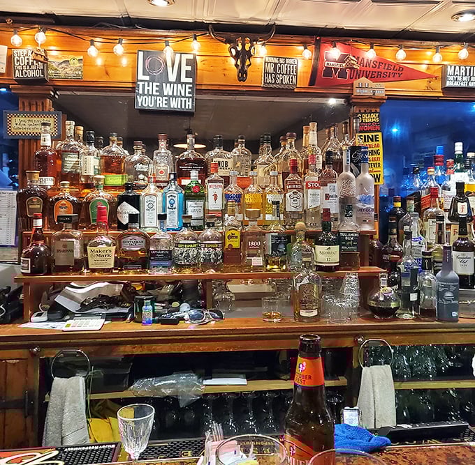 A bar stocked like a liquid library of happiness. Those humorous signs above aren't decoration—they're the establishment's philosophy in twelve-point font.