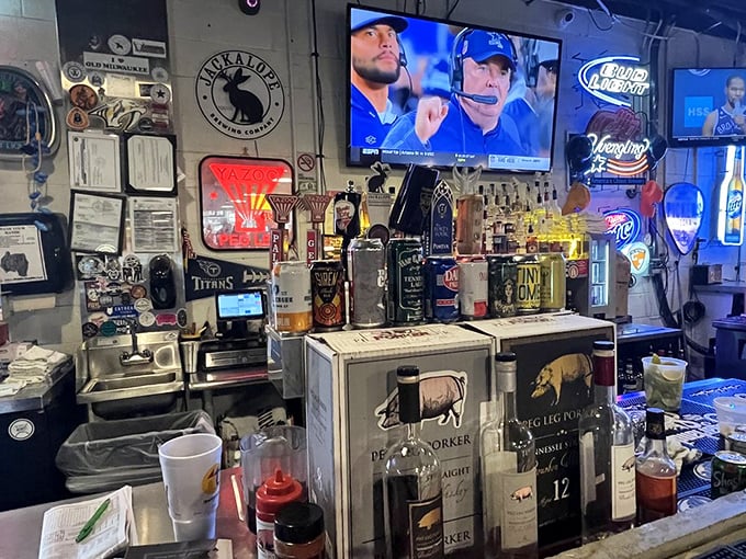 The bar doesn't just serve drinks—it creates the perfect backdrop for debating important topics like "Is sauce necessary?" and "One more rack?"