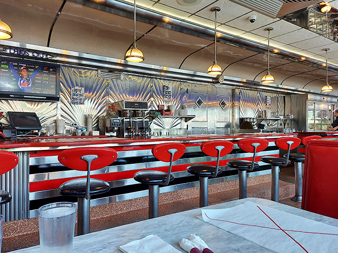 The gleaming counter—part food runway, part social hub—where coffee mugs are always full and conversations never run dry.