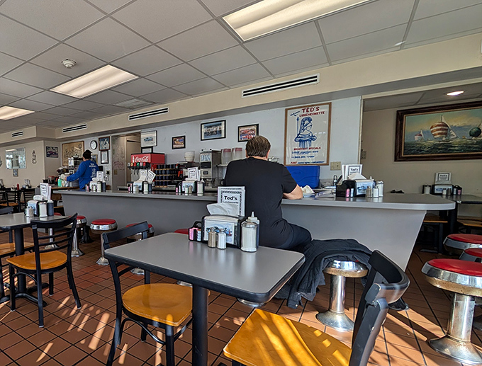 The counter at Ted's—where solo diners find community and the staff orchestrates the daily ballet of plates and coffee refills.