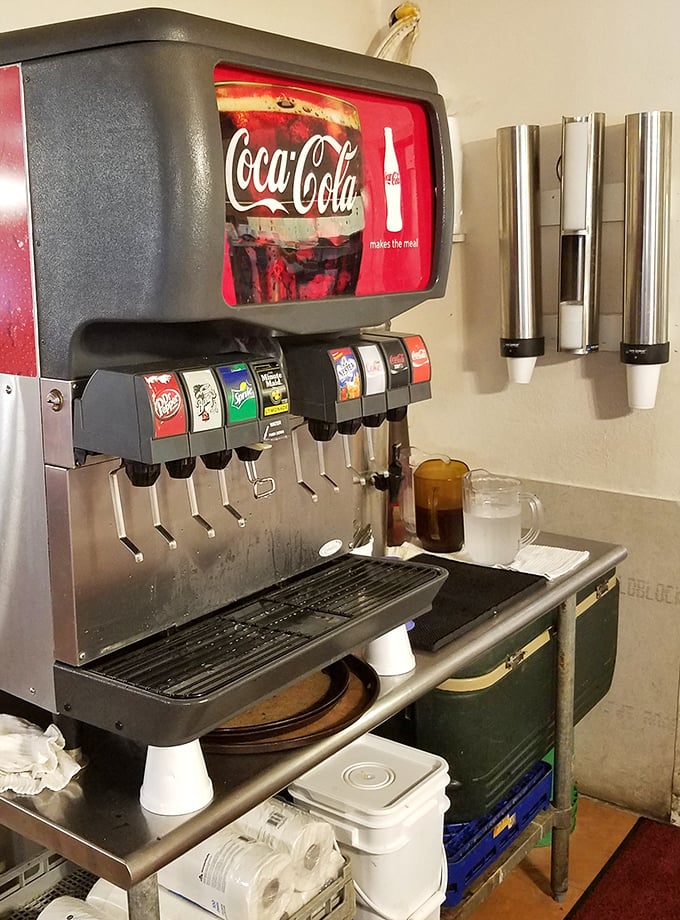 The soda fountain—where sweet tea flows like water and diet drinks are ordered with a knowing wink and a side of fries.