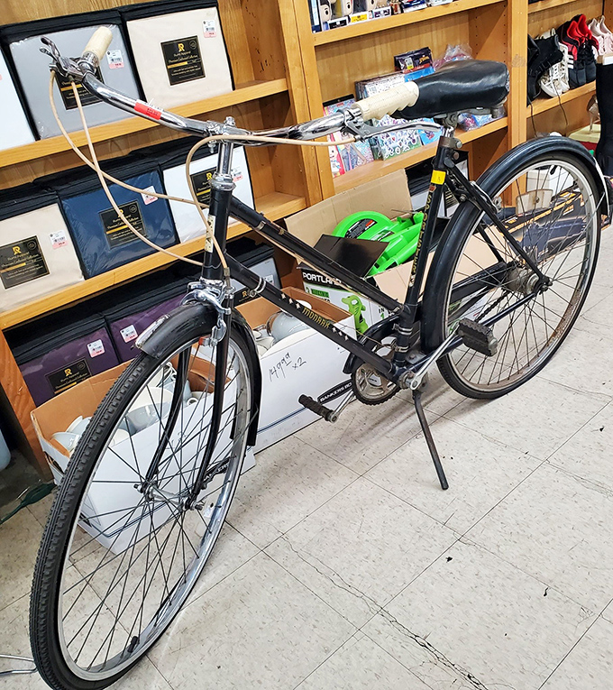 A classic black bicycle stands ready for its next adventure—proof that good design never goes out of style, especially when it comes with two wheels.