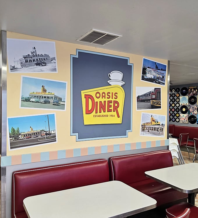 The wall of vintage diner photos reminds you that you're not just eating a meal—you're participating in a delicious piece of Americana.