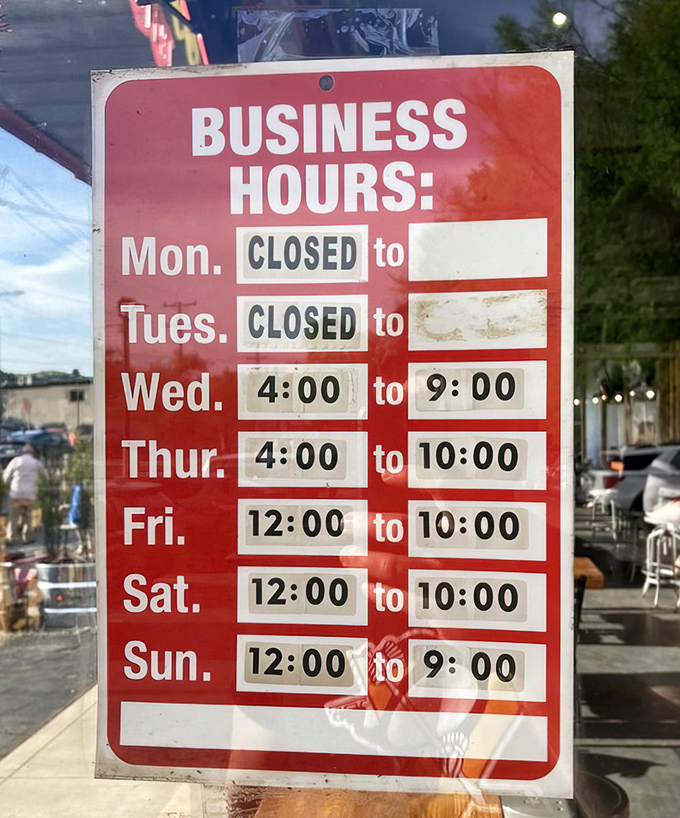 Closed Mondays and Tuesdays—just enough time for your arteries to recover before Wednesday's barbecue adventure begins anew.